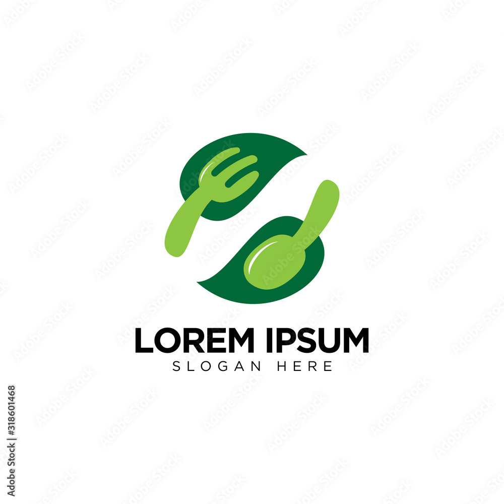 Healthy Food Logo with Spoon and Leaf, Restaurant Logo Design Template ...