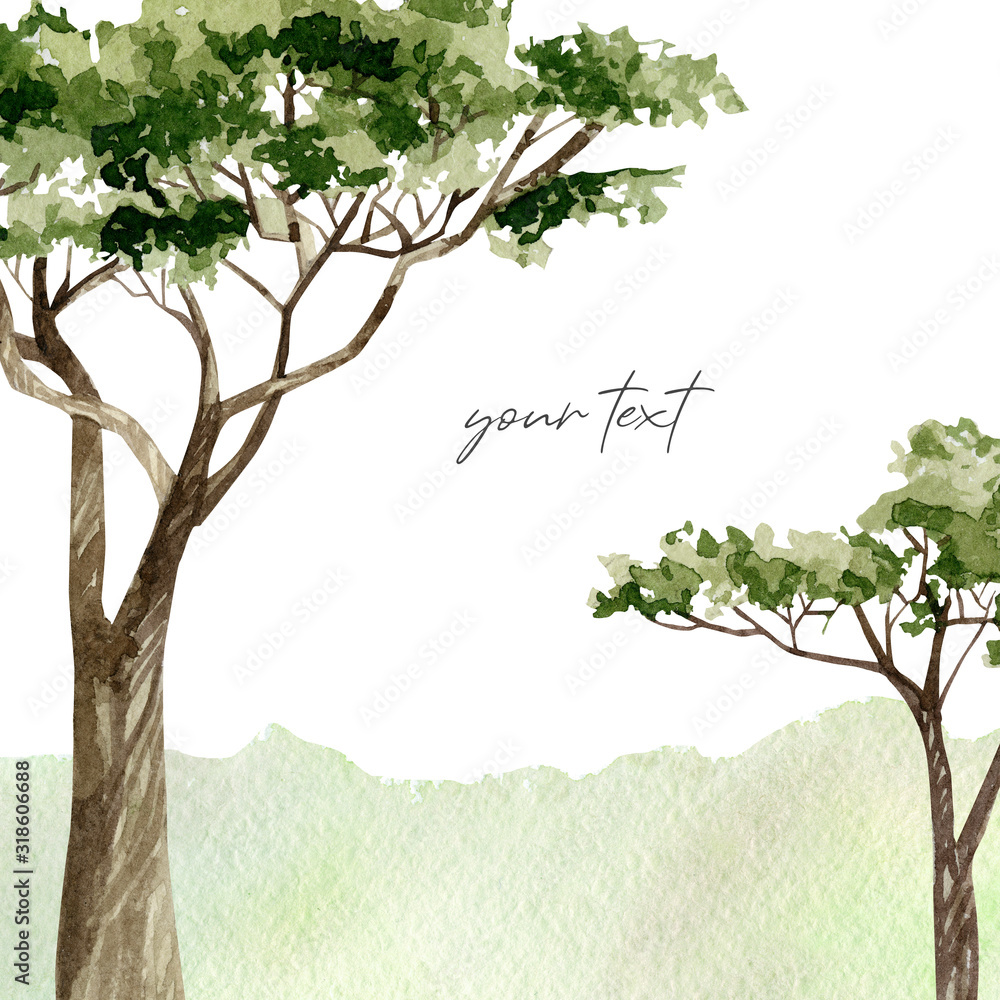 Watercolor southern trees banner in the savannah isolated on white ...