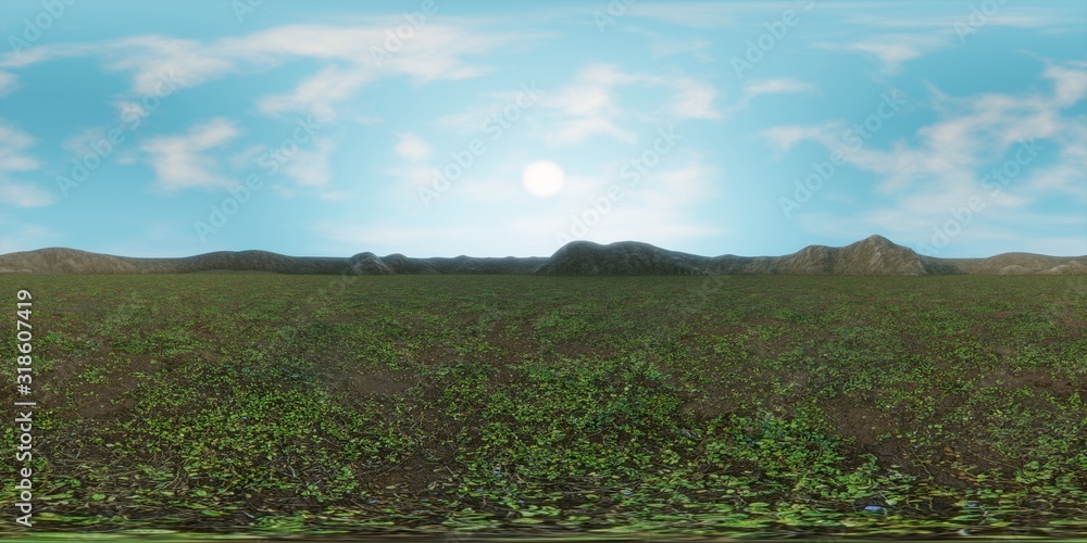 8K HDRI map: landscape with vegetation and mountain range with a sunny ...