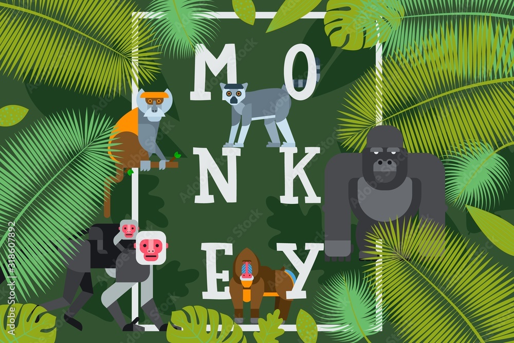 Monkey typographic poster, vector illustration. Gorilla, lemur, ice ...