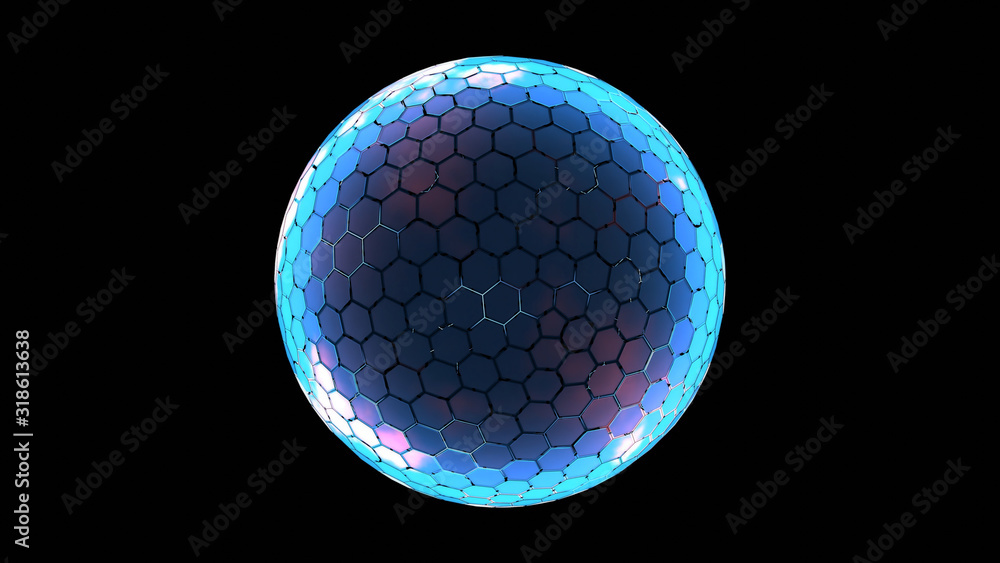 3D Rendering of hexagon grid sphere nano shield with glowing edge color ...