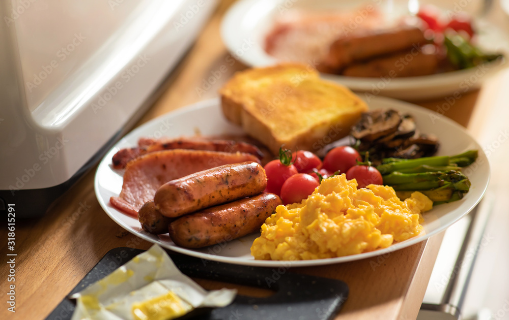 Breakfast menu on kitchen counter bar in morning Stock Photo | Adobe Stock