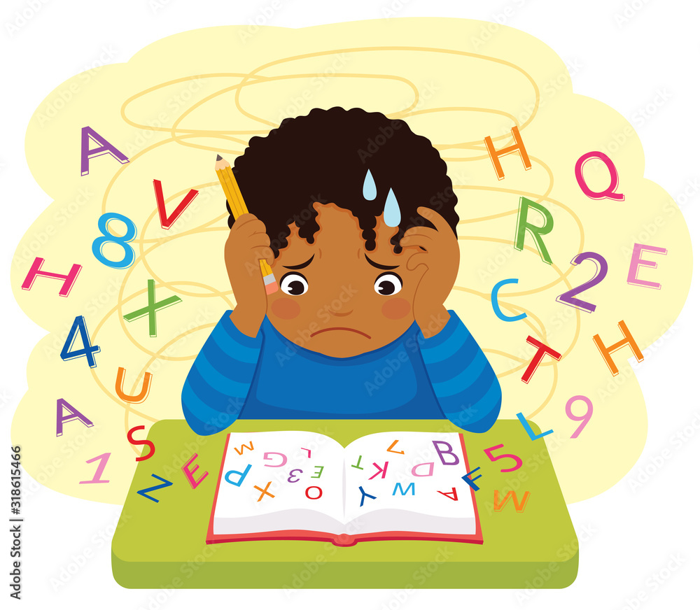 Vecteur Stock Dyslexia and learning difficulties. Dark skinned confused ...