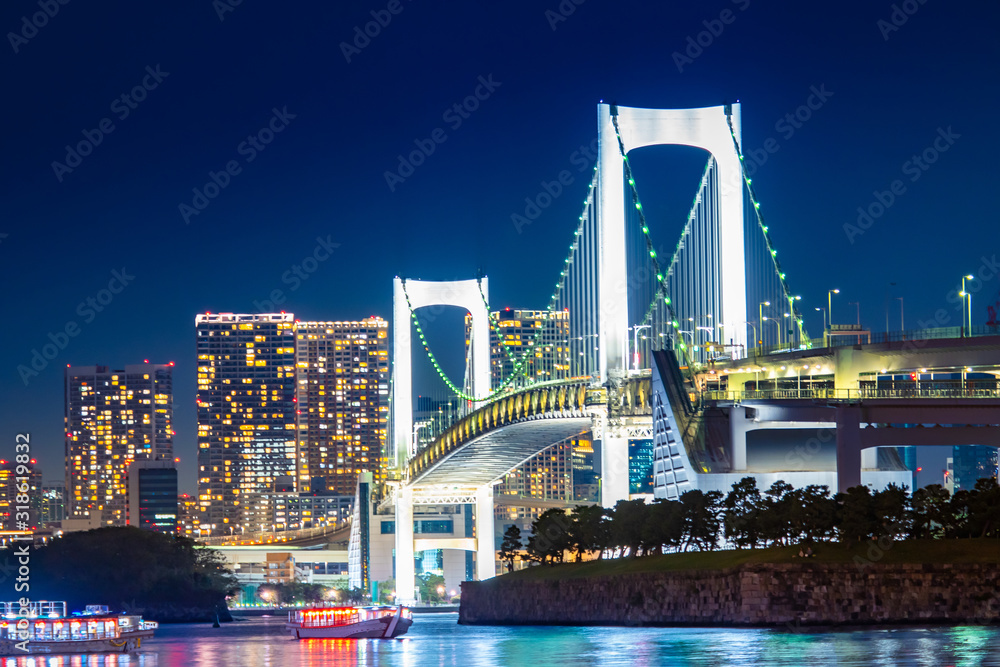 Japan. View of Tokyo at night from the island of Odaiba. Illumination ...