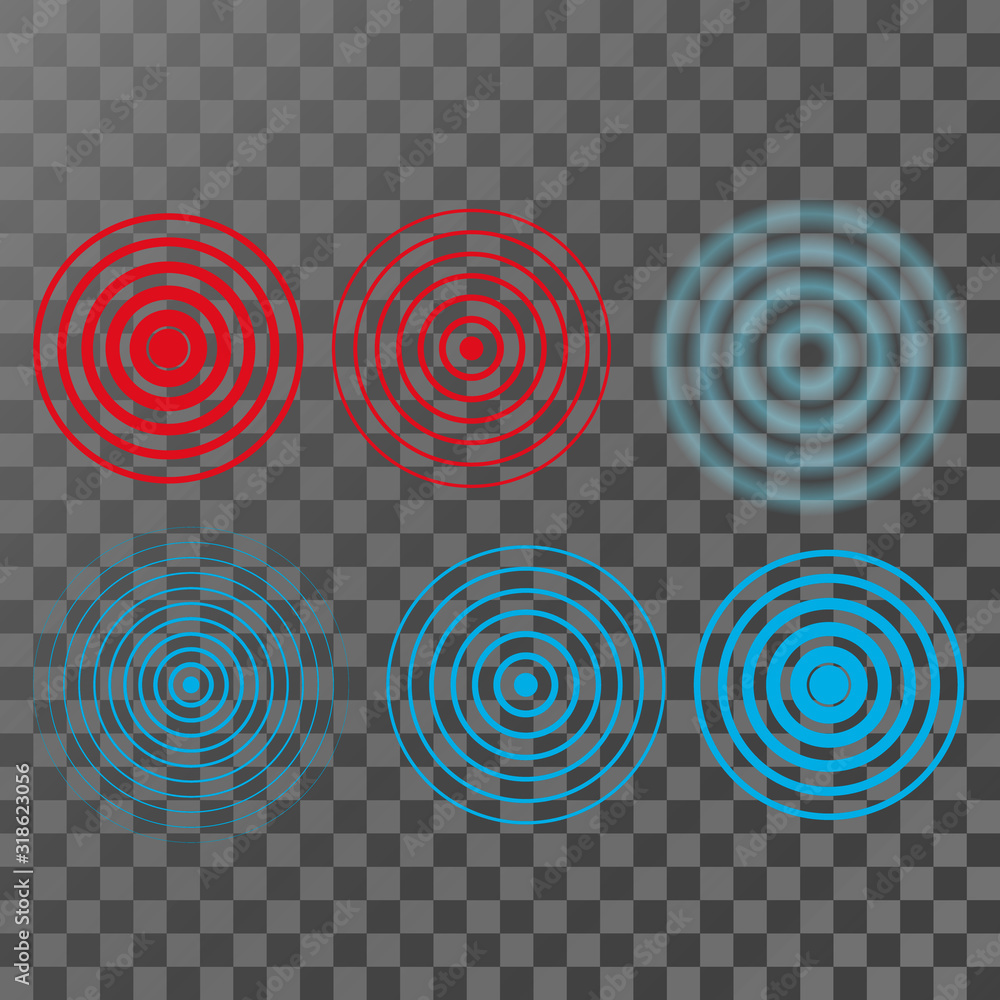 Blue rings sound wave. Radar screen concentric circles elements. Radio ...
