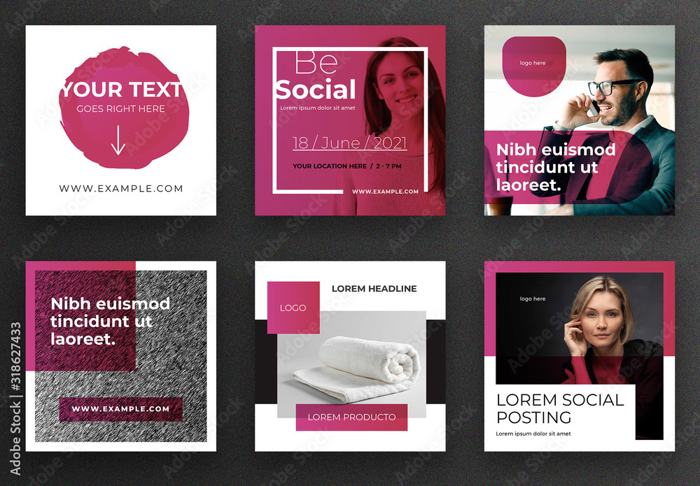 Social Media Post Layout Set with Red Overlays Stock Template | Adobe Stock