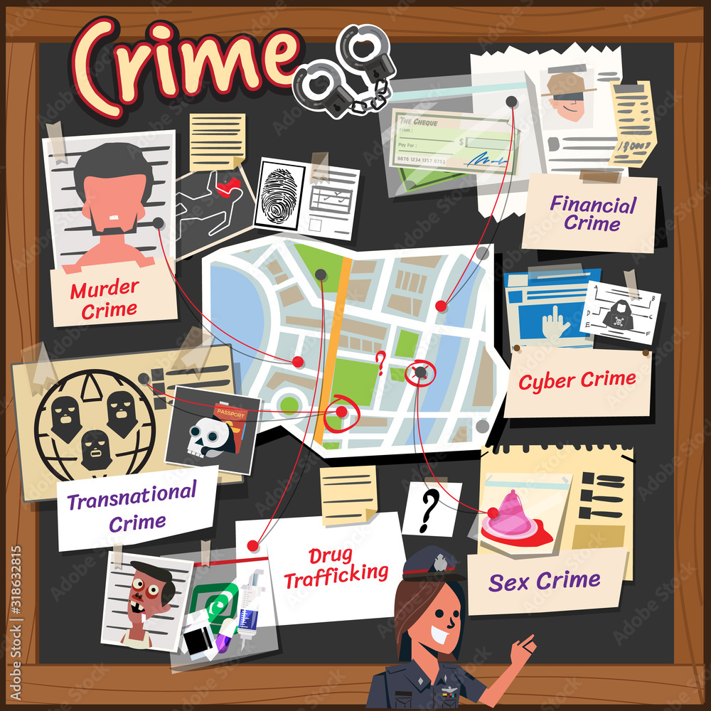 Crime board with type of crime case and evidence - vector Stock Vector ...