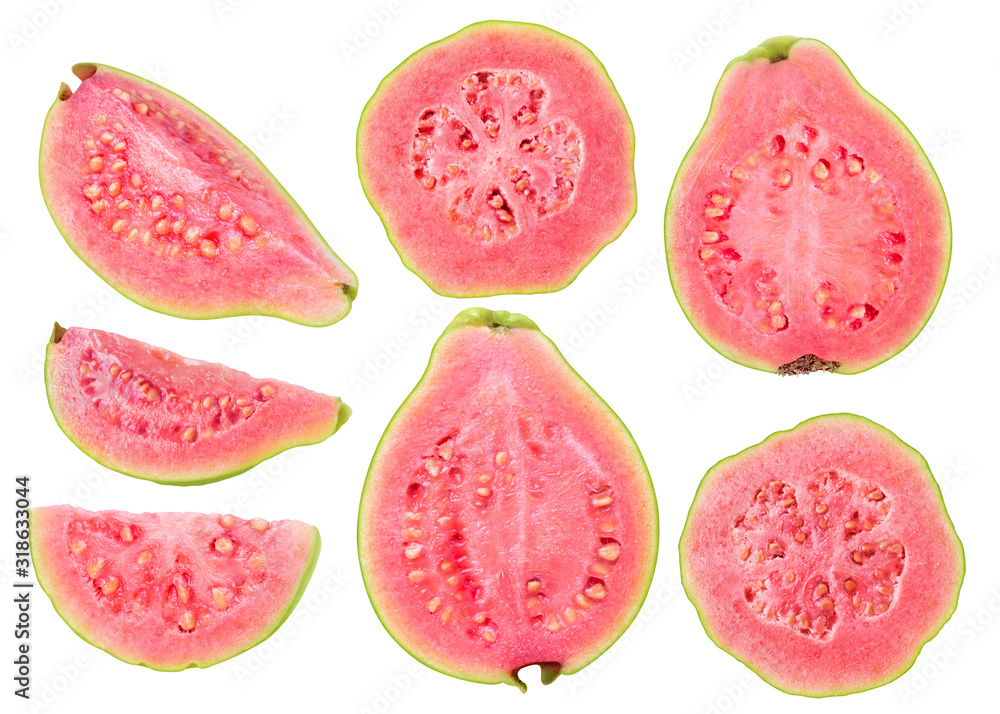 Isolated cut guava fruits. Pieces of green pink fleshed guavas isolated ...