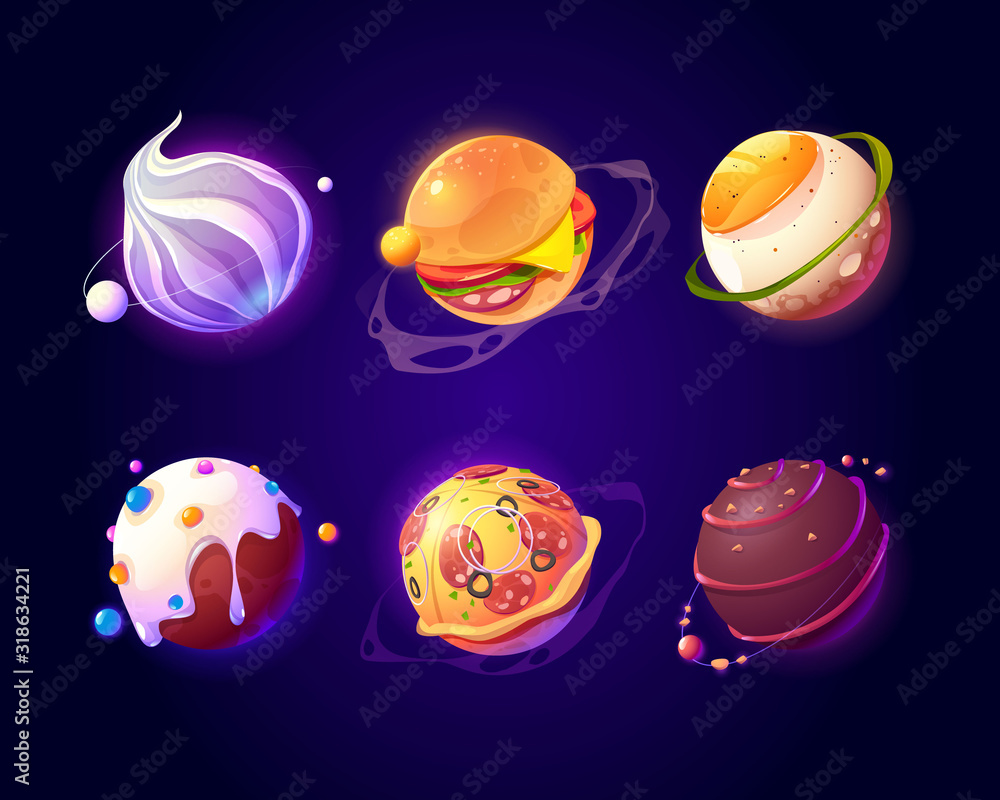 Food planets in outer space. Vector cartoon funny set of spheres with ...