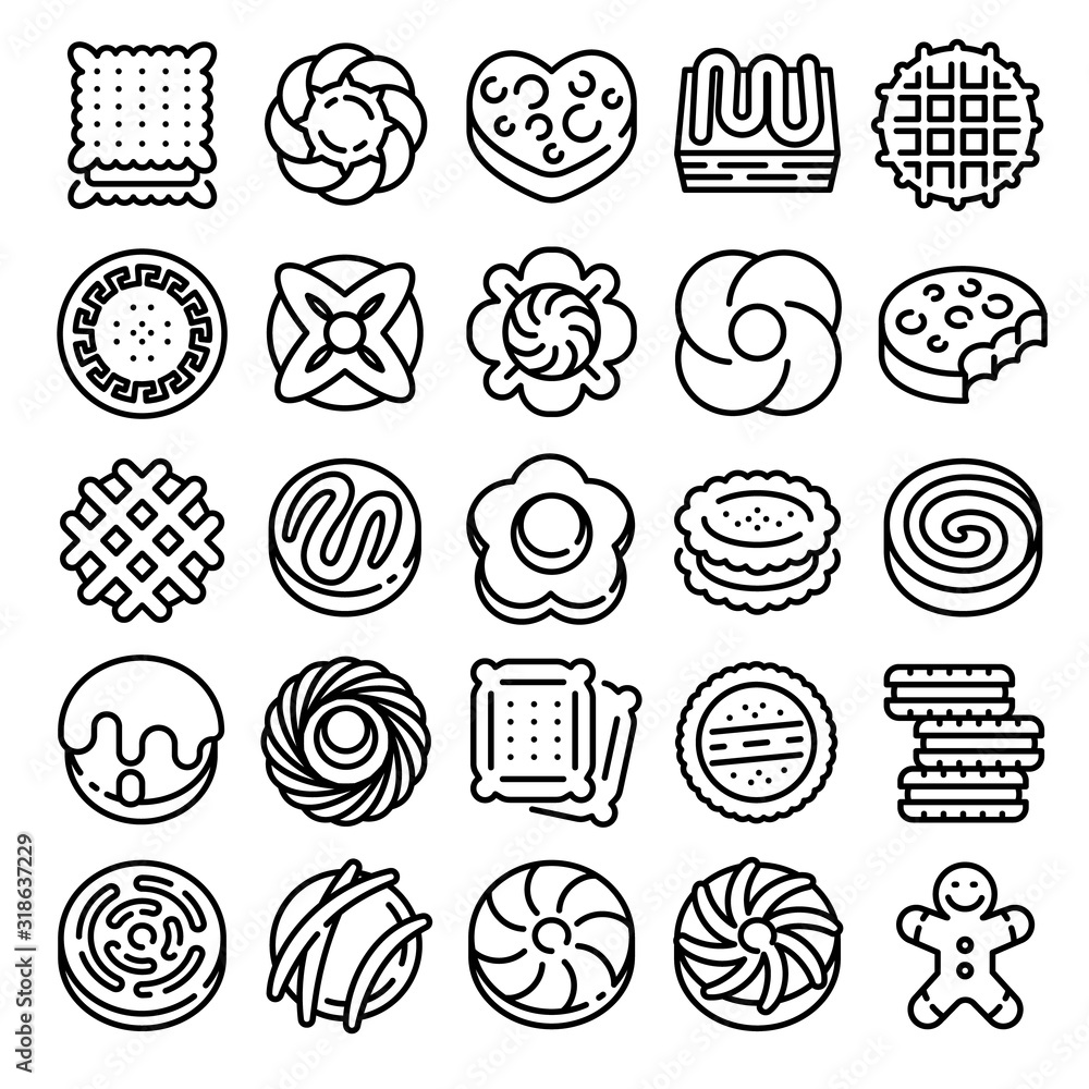 Biscuit icons set. Outline set of biscuit vector icons for web design ...