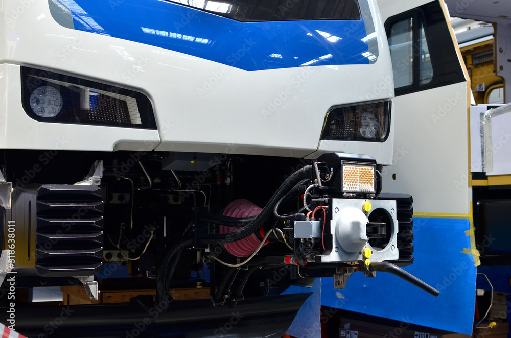 Inside of the rail car assembly plant. Industrial workshop for the ...