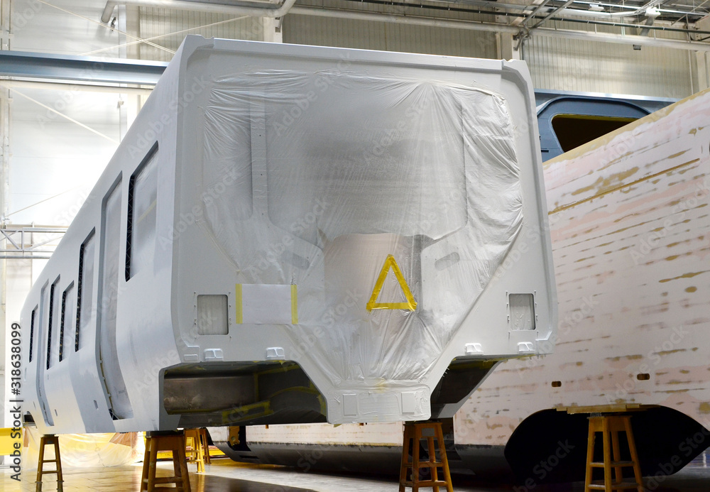Inside of the rail car assembly plant. Industrial workshop for the ...