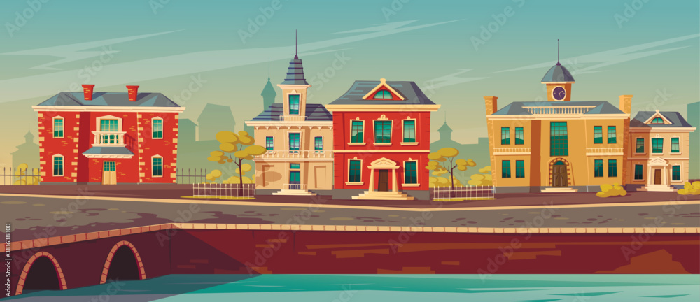 19th century town street with european buildings and lake promenade ...