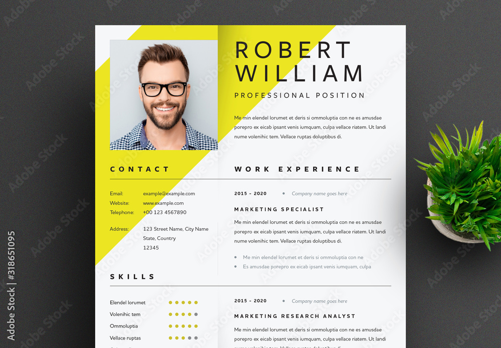Resume Layout with Yellow Accent and Shadow Effect Stock Template ...