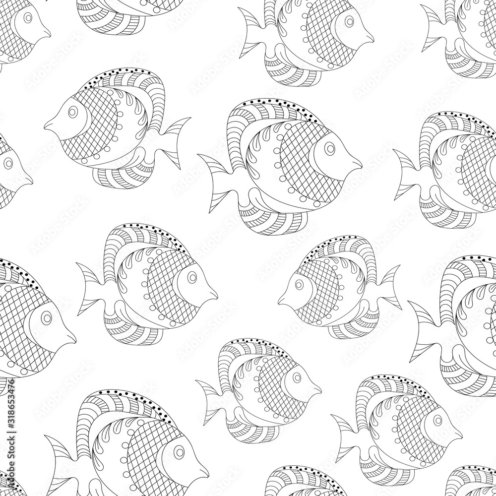 seamless pattern Fish, ornamental graphic fish, floral line pattern ...