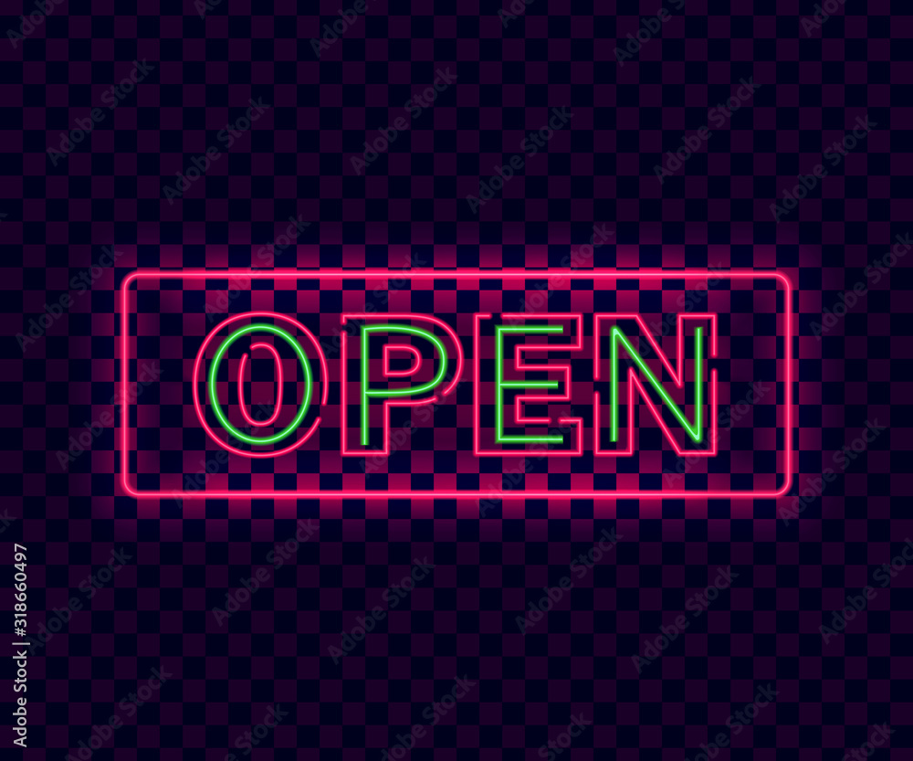 Neon open. Violet neon open sign on transparent background. Glowing ...