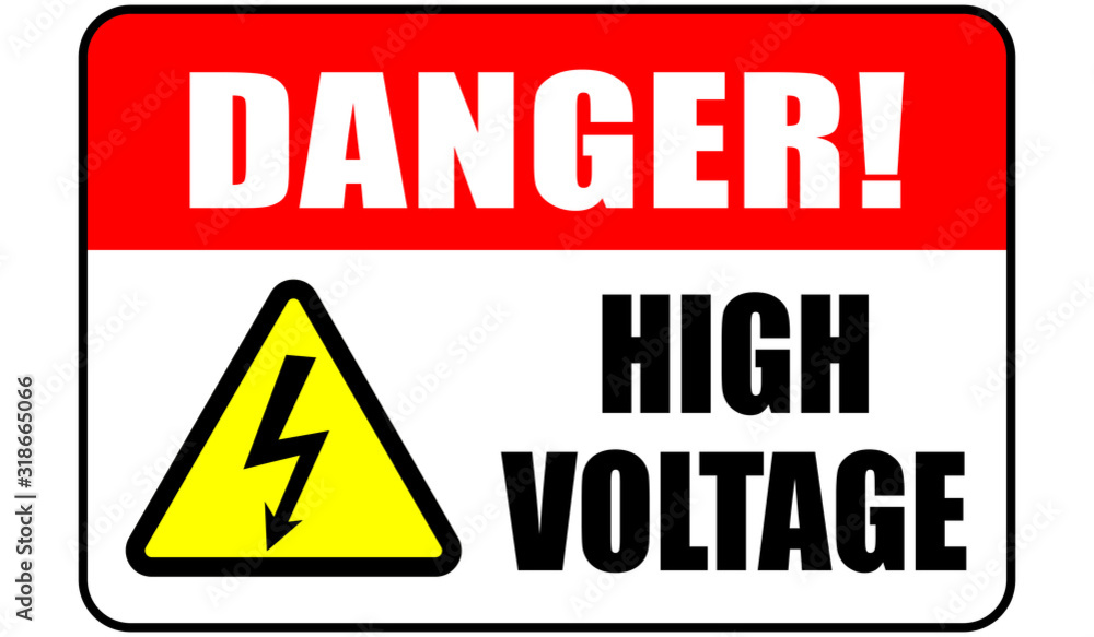 warning danger sign, electric icon high voltage text on rectangle frame ...