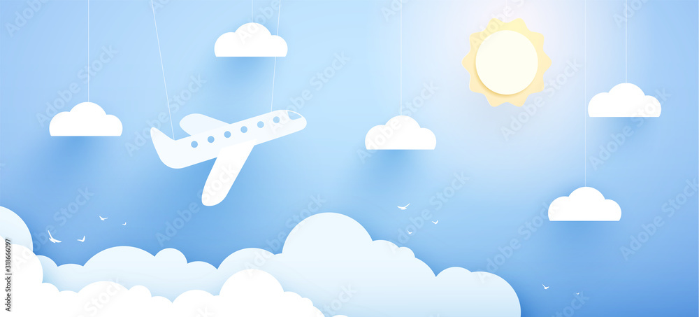 illustration of an plane over a cloud and sun and long shadow. Template ...