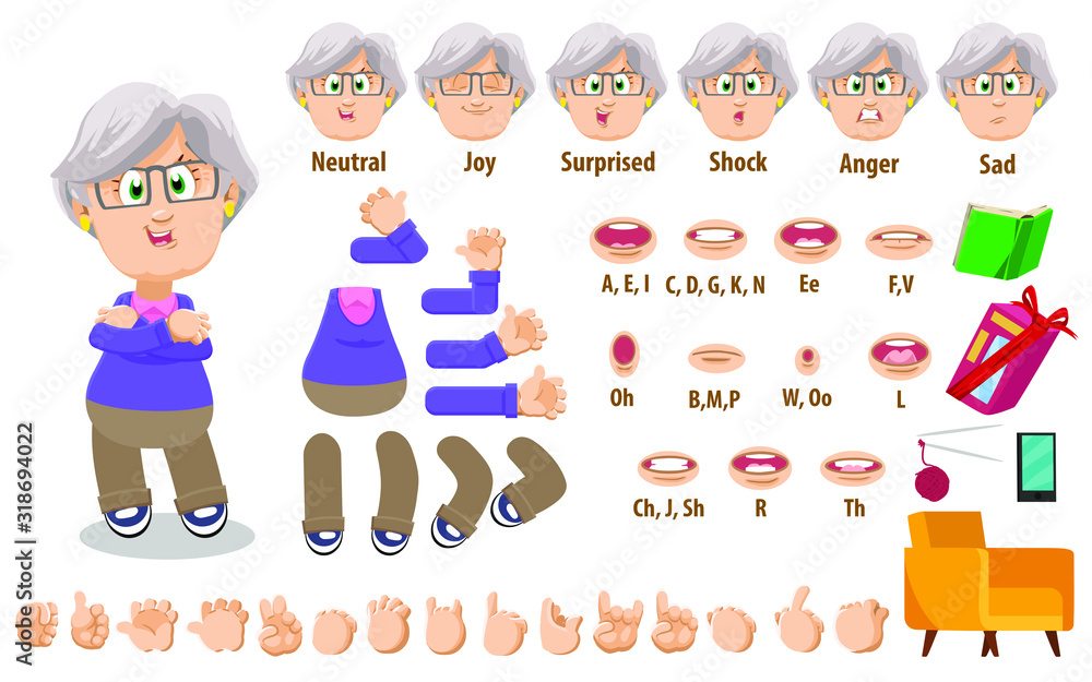 Cartoon old woman, grandma constructor for animation. Parts of body ...
