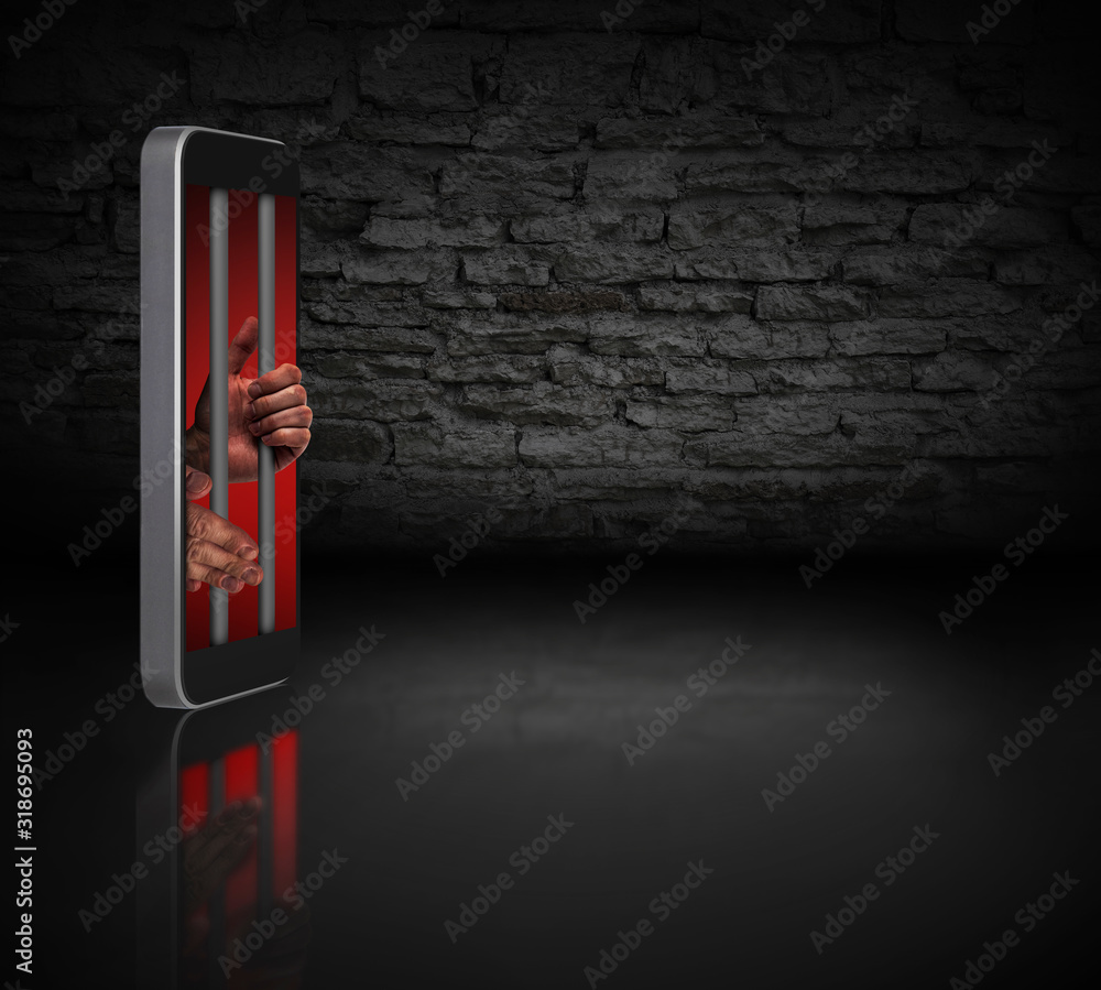 Internet addiction with a person being trapped inside a smartphone and ...