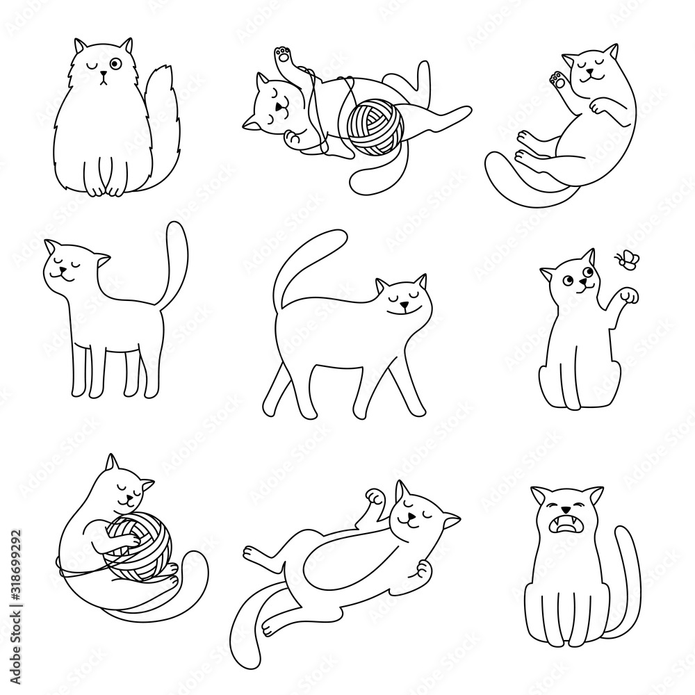 Cats line doodles. Vector cartoon cute outline cat sketches, minimalism ...