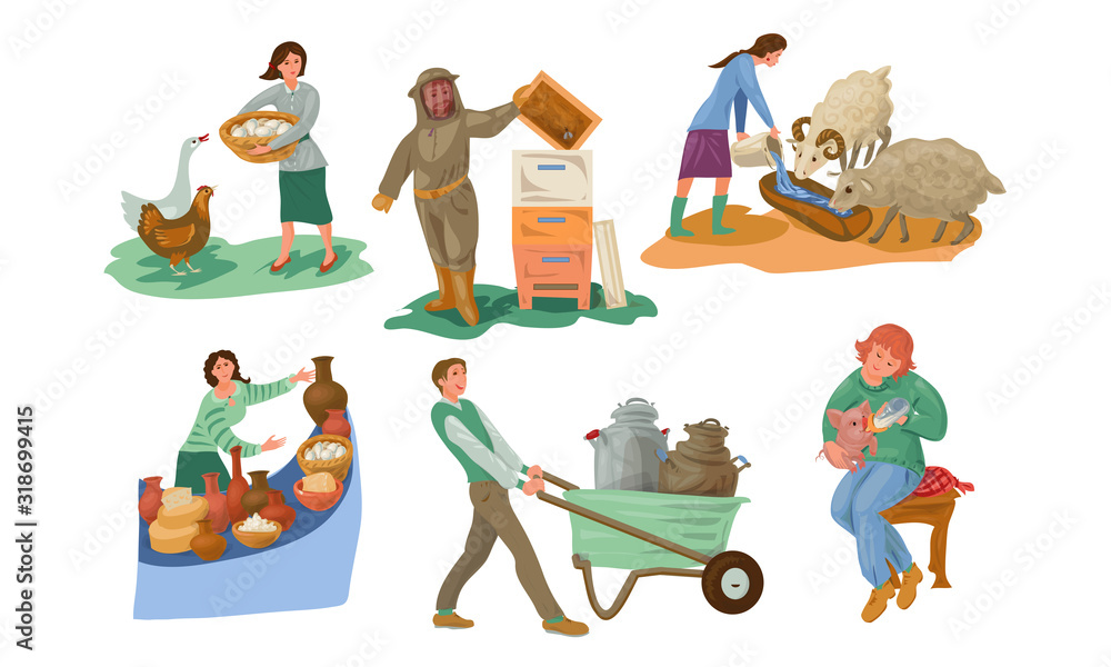 Set of different farmer people characters in various actions. Vector ...