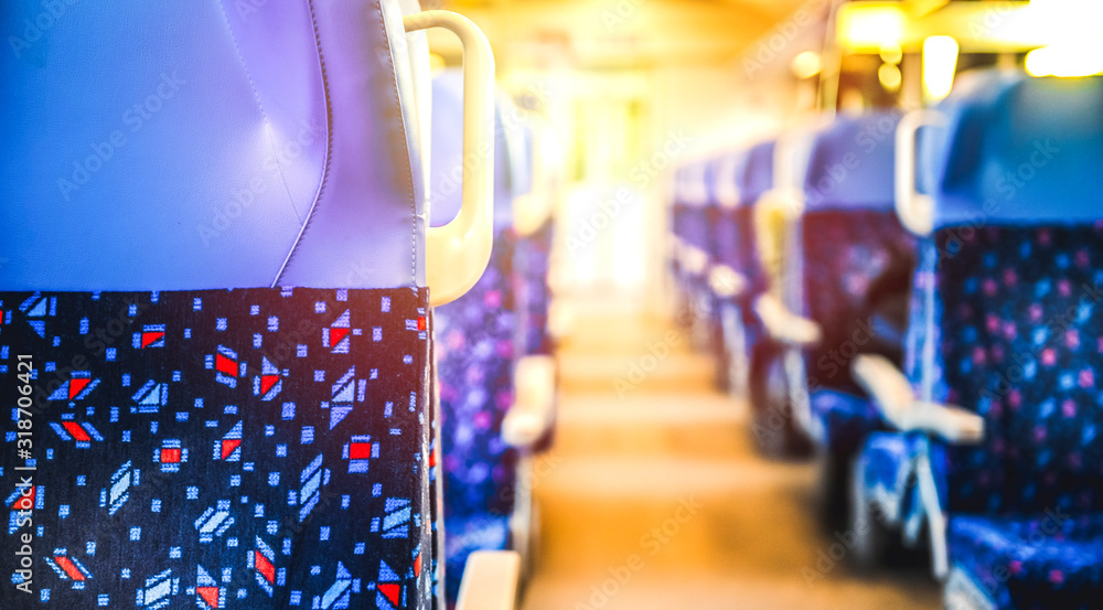 Emtpy interior of the train for long and short distance in Europe. A ...