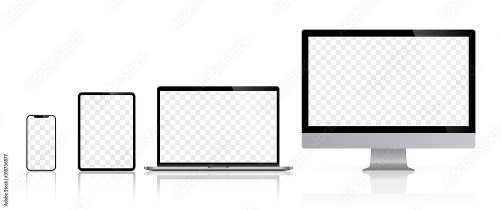 Realistic set of computer monitors desktop laptop tablet and phone ...