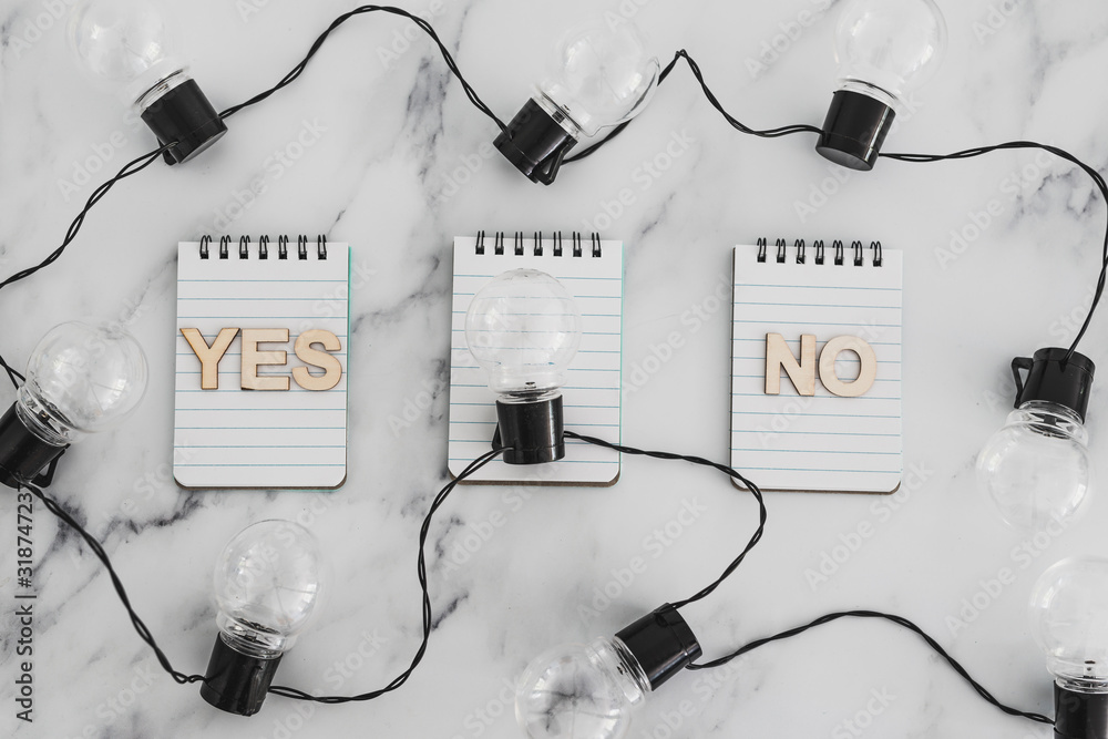 decision making process, group of notepads with yes and no options and ...