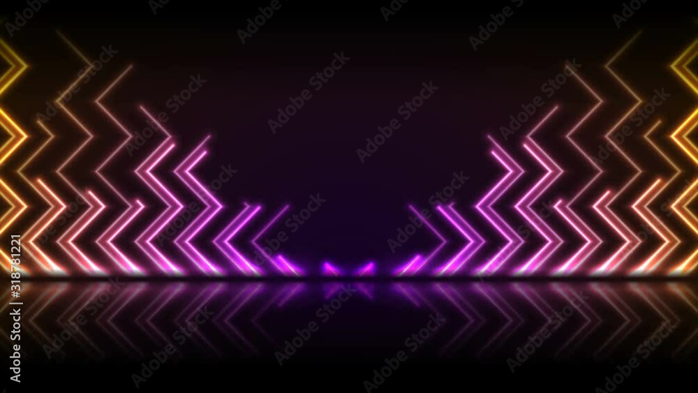 Purple orange neon zig zag lines with reflection. Abstract rays ... Purple orange neon zig zag lines with reflection. Abstract rays ...