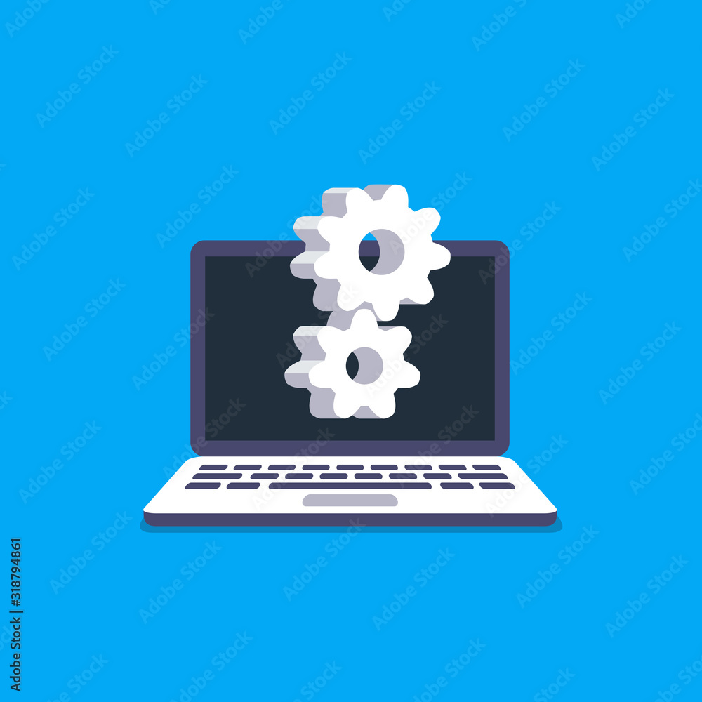 Technical support concept. Computer service. Gears screen laptop ...