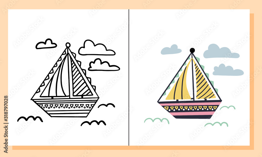 Ship, boat. Coloring pages. Cartoon cute marine, sea elements. Black ...