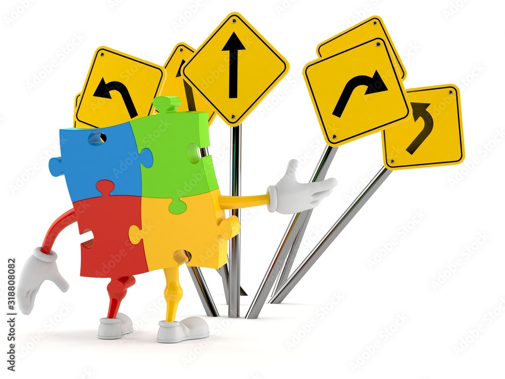 Jigsaw puzzle character confused with road signs Stock Illustration ...