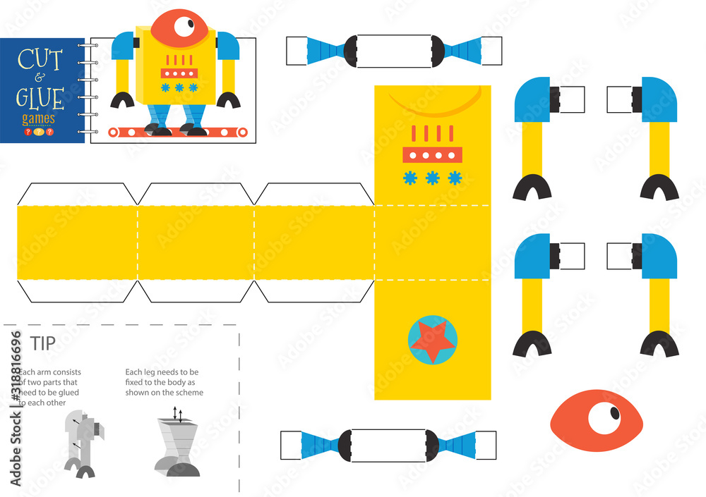 Cut and glue robot toy vector illustration. Paper craft and educational ...