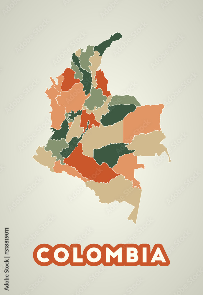 Colombia poster in retro style. Map of the country with regions in ...