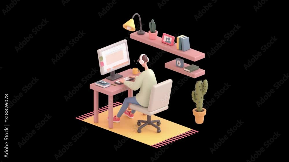 3d seamless animation of young man sitting at office desk working on ...