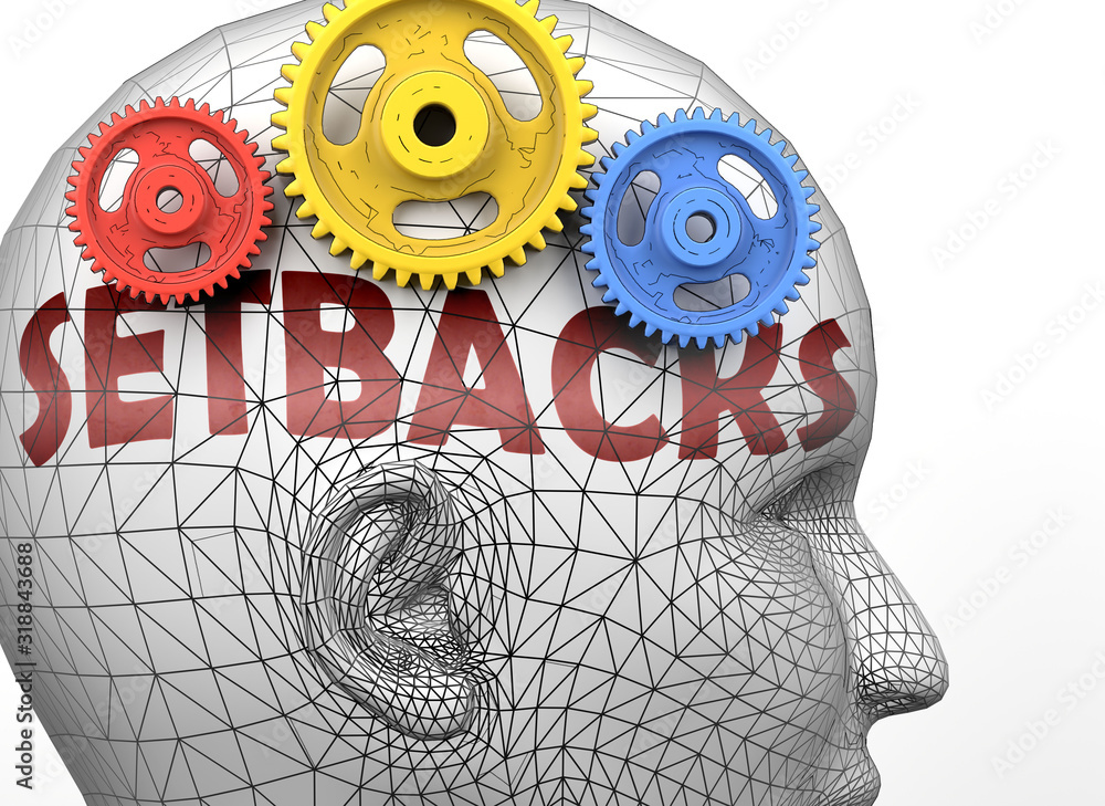 Setbacks and human mind - pictured as word Setbacks inside a head to ...