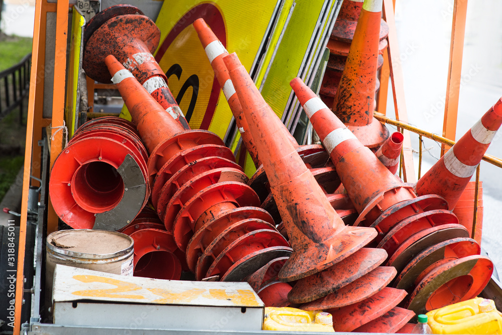 traffic cones to mark road works or temporary obstruction traffic sign ...