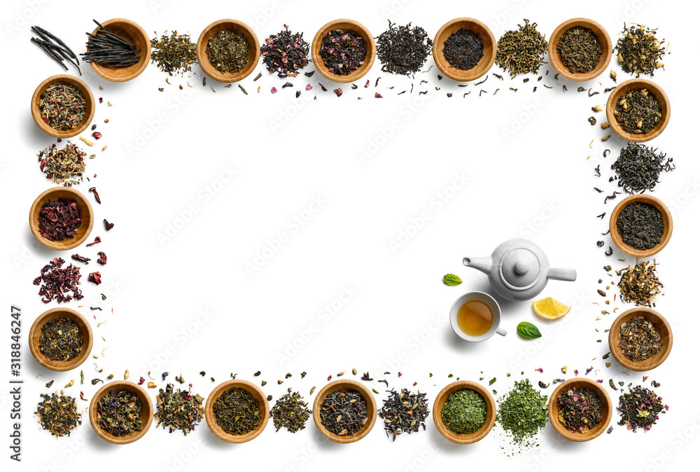 Large assortment of tea on a white background. The view from the top ...