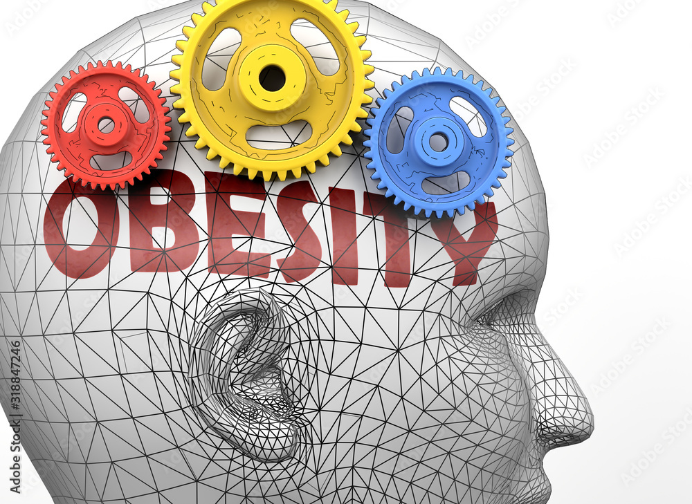 Obesity and human mind - pictured as word Obesity inside a head to ...