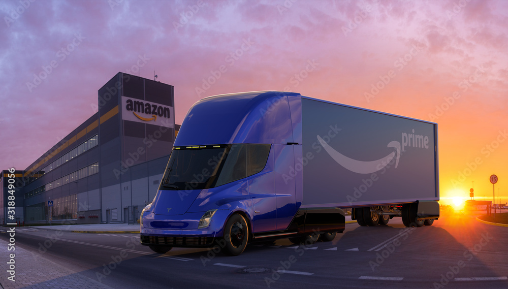 Tesla Semi Truck: Electric truck with semi-trailer with Amazon Prime ...