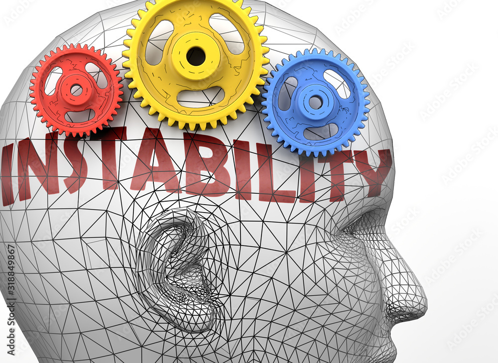 Instability and human mind - pictured as word Instability inside a head ...