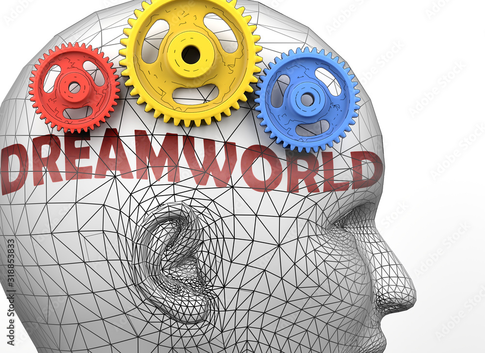Dreamworld and human mind - pictured as word Dreamworld inside a head ...