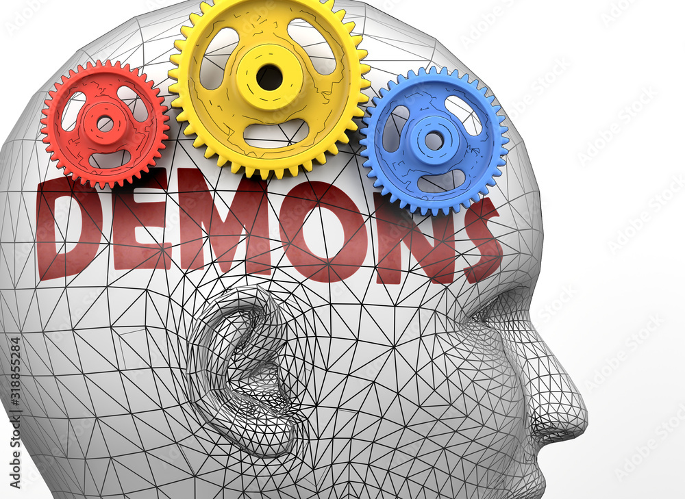 Demons and human mind - pictured as word Demons inside a head to ...