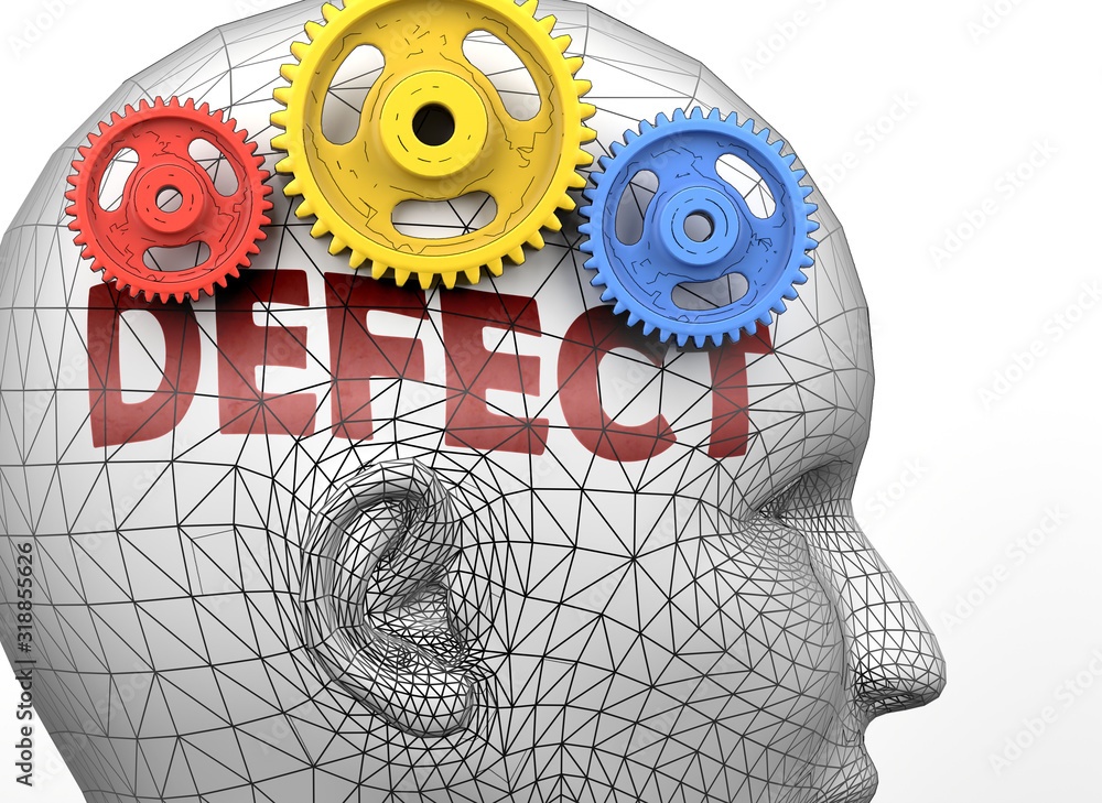 Defect and human mind - pictured as word Defect inside a head to ...