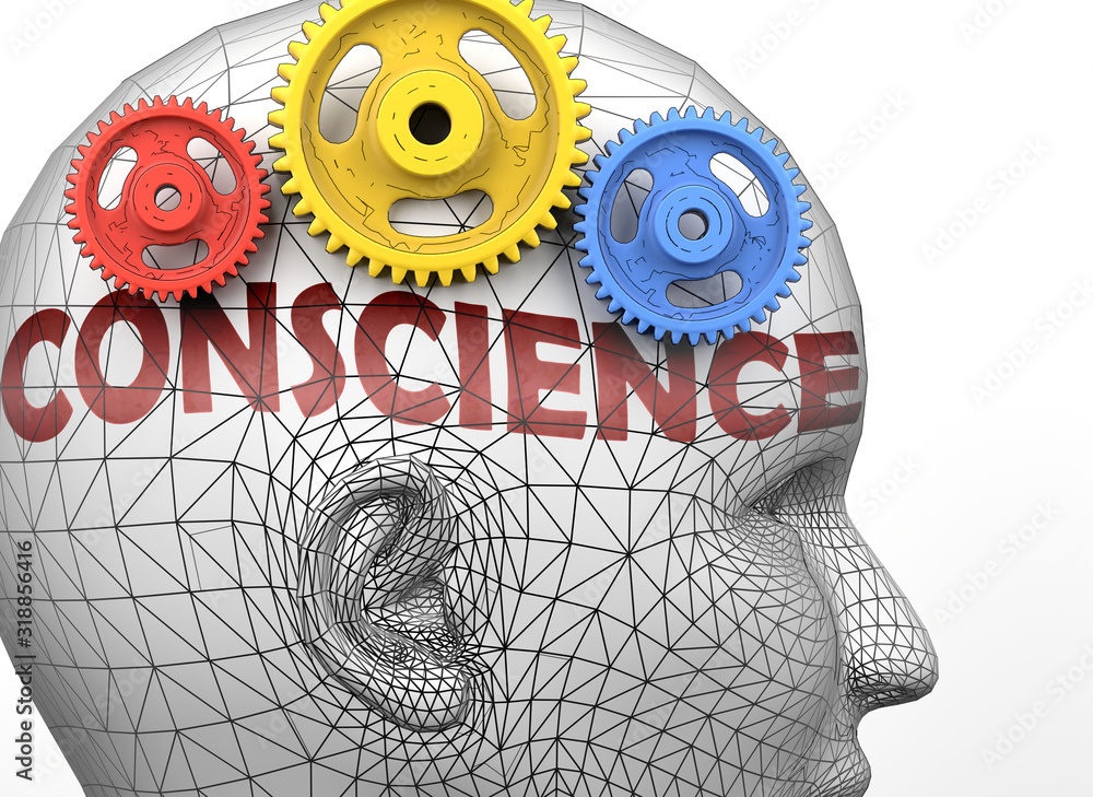 Conscience and human mind - pictured as word Conscience inside a head ...
