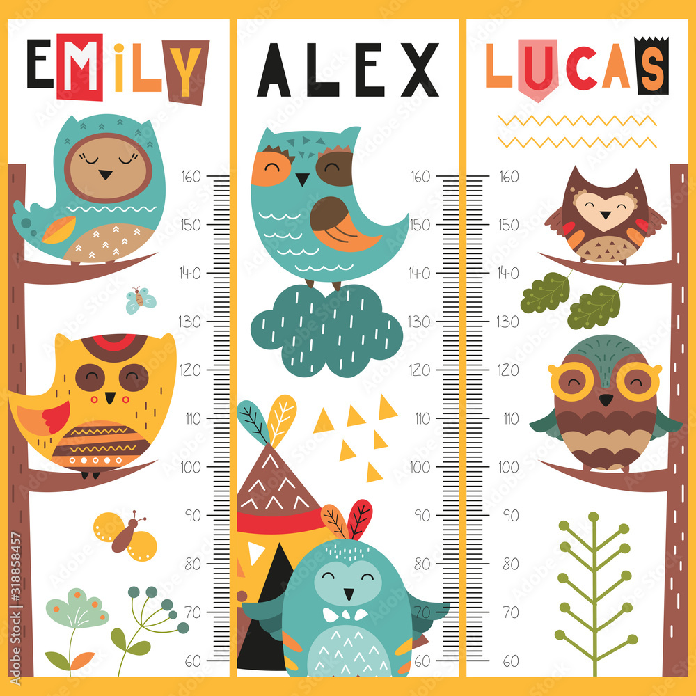 Set of kids height charts with funny owls in doodle cartoon style ...
