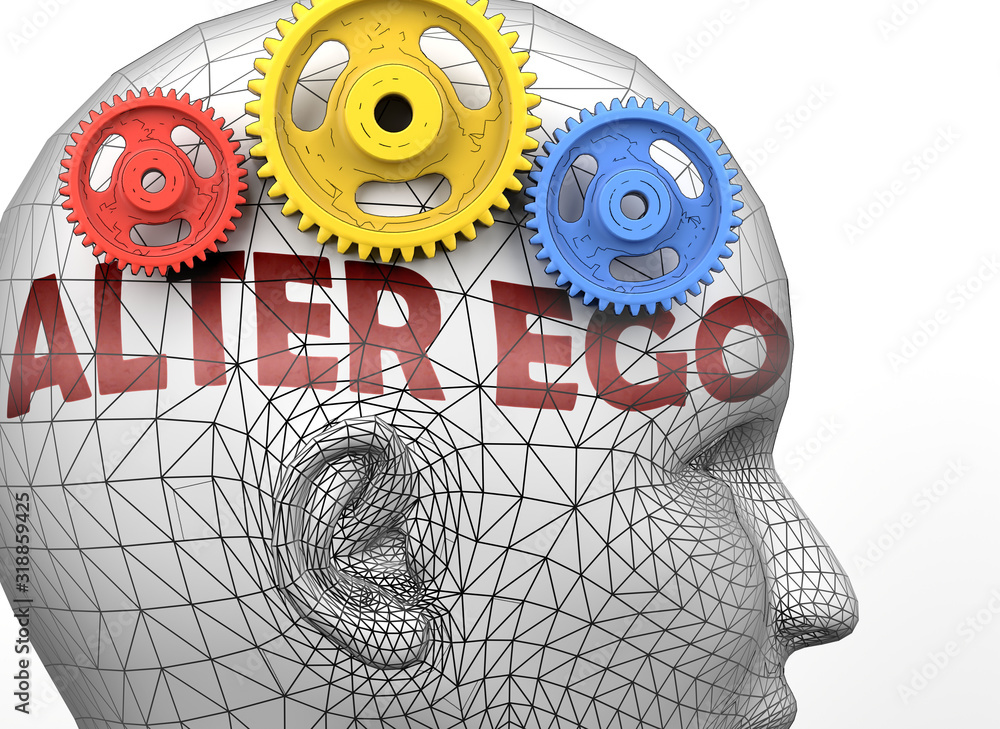 Alter ego and human mind - pictured as word Alter ego inside a head to ...