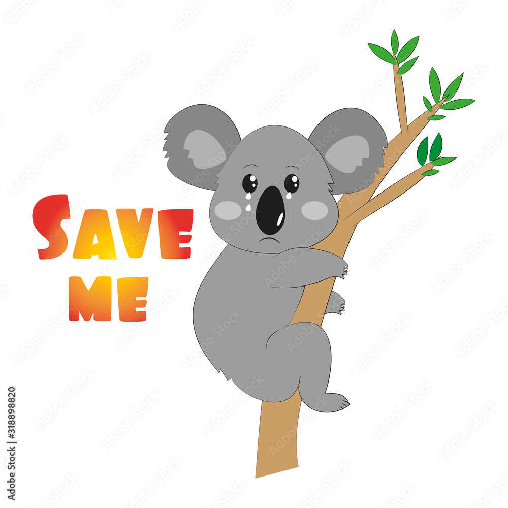 Save Me - text with cute koalas with eucalyptus tree. Good for banner ...