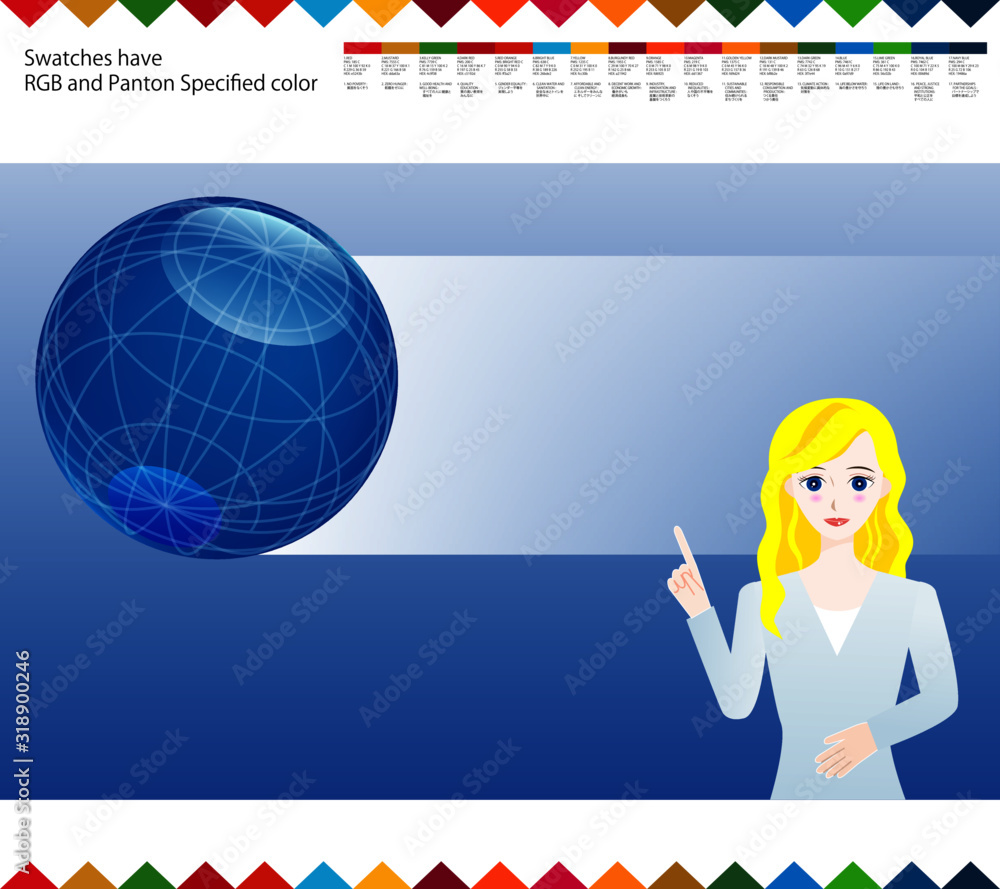 SDGs design elements with woman, PANTONE and RGB SWATCHES in it Stock ...